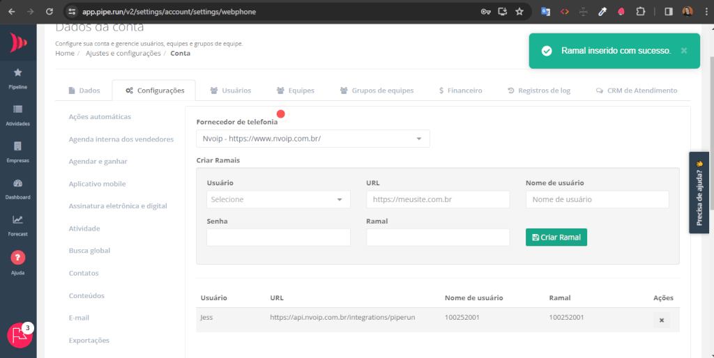 Integración Nvoip y Pipedrive